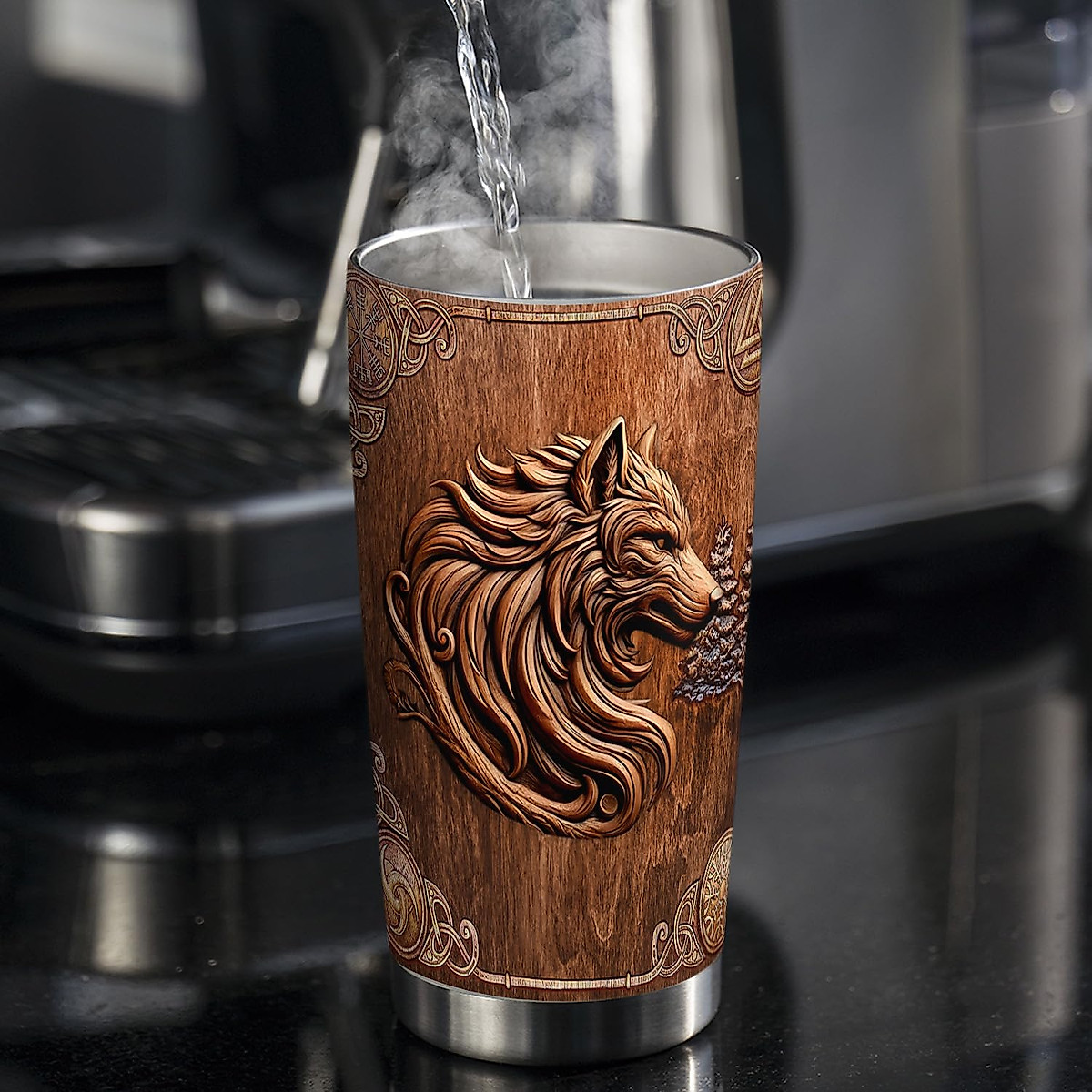 20oz Wooden Viking Wolf Tumbler, Norse Mythology, Viking Gifts for Men, Gifts for Wolf Lovers, Coffee Thermos, Stainless Steel Double Wall Vacuum Insulated Coffee Mug, Travel Cup with Lid