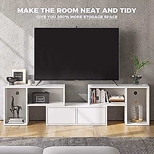 Rolanstar TV Stand, Deformable TV Stand with Power Outlets & LED Strip, Modern Entertainment Center for 45/50/55/60/65/70 inch TVs, 3 Pieces TV Stand with Open Storage and 2 Storage Cabinet, White