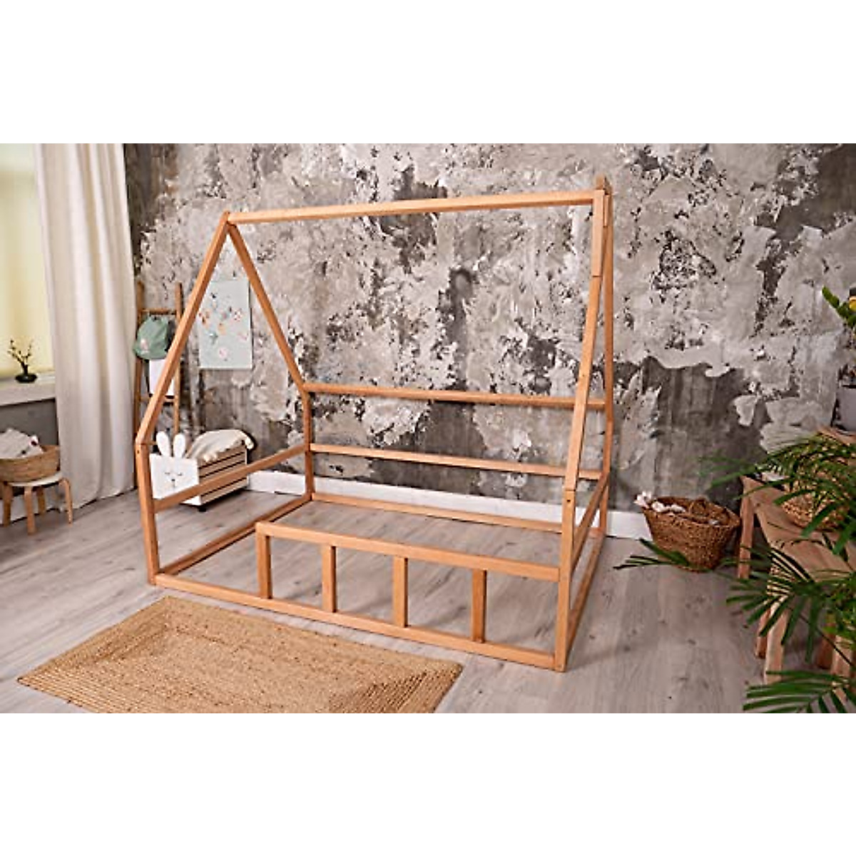 BUSYWOOD Montessori Platform Bed - Toddler bed - Kids Floor Bed House Frame - Natural Wood Daybed Frame - Unique bed (Model 1, Natural Wood, Floor Bed)