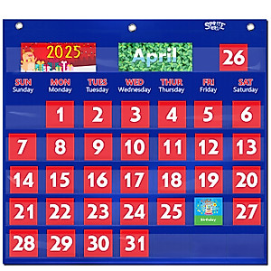 Blue Calendar Pocket Chart with 76 Cards,(68 Illustrated Activity Cards, 8 Dry Erasable Flash Cards and 3 Hooks)