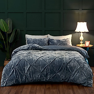 CAROMIO Velvet Duvet Cover Queen Size - Luxury Pinch Pleated Duvet Cover Bedding Set Soft Pintuck Velvet Comforter Cover Set with Corner Ties and Button Closure, Blue, 90"x90"