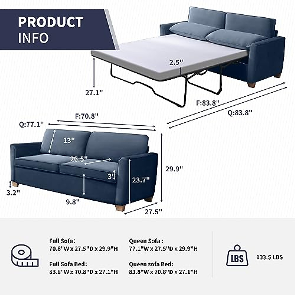 ijuicy Full Size Pull Out Couch, Pull Out Sofa Bed with Foam Mattress, Velvet Sofa with Pull Out Bed, 2-in-1 Sleeper Couch Bed for Living Room, Apartment, Small Spaces (Blue)