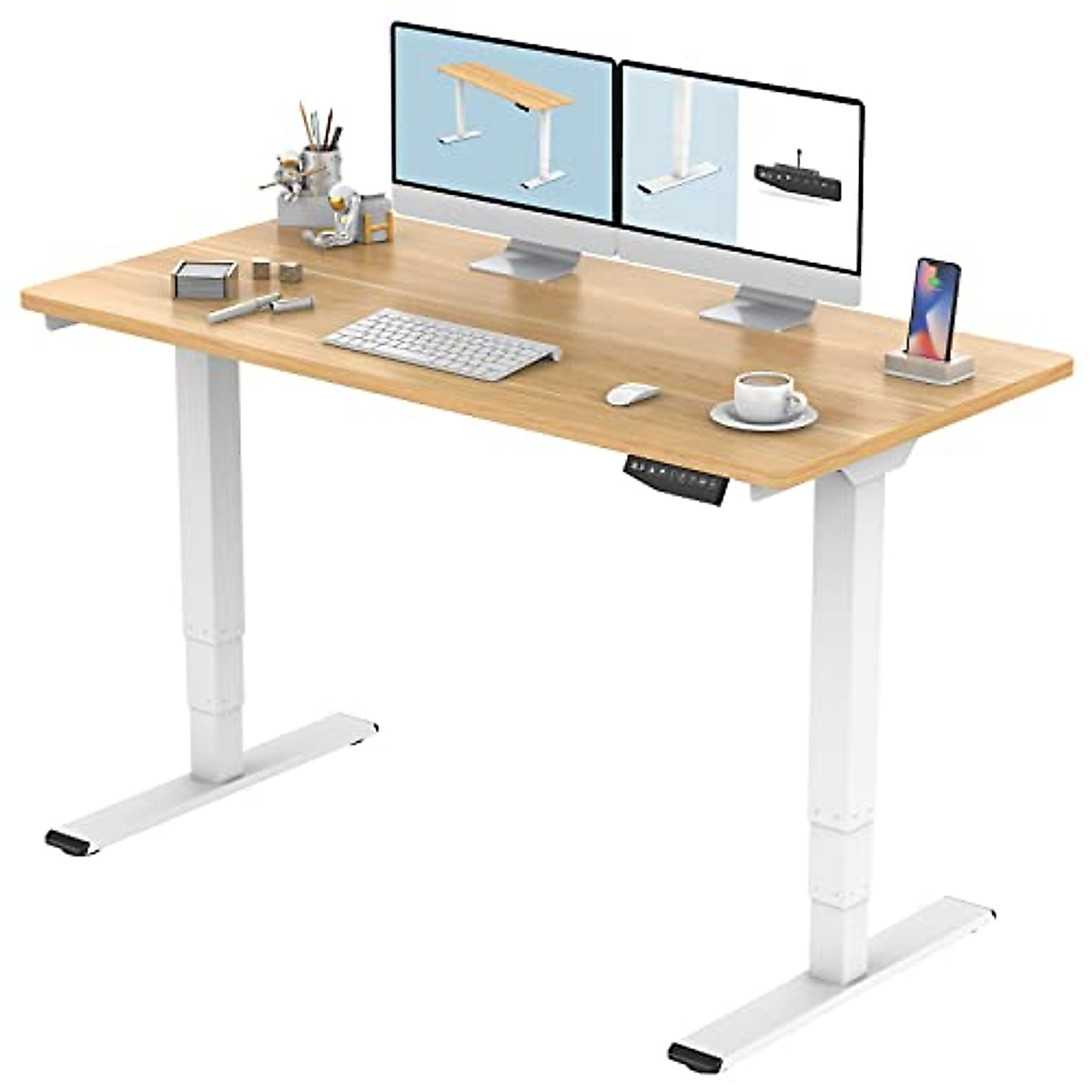 FLEXISPOT Classic 3 Stages Dual Motor Electric Standing Desk 55x28 Inches Whole-Piece Desk Board Height Adjustable Desk Electric Stand Up Desk Sit Stand Desk(White Frame + Natural Desktop)