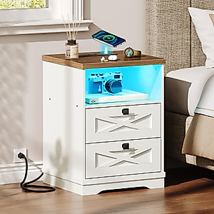 HOOBRO Nightstand with Wireless Charging Station and LED Lights, Farmhouse End Table with 2 Drawers and Open Shelf, Smart LED Side Table with Wireless and USB for Bedroom, Antique White WH140UDBZ01