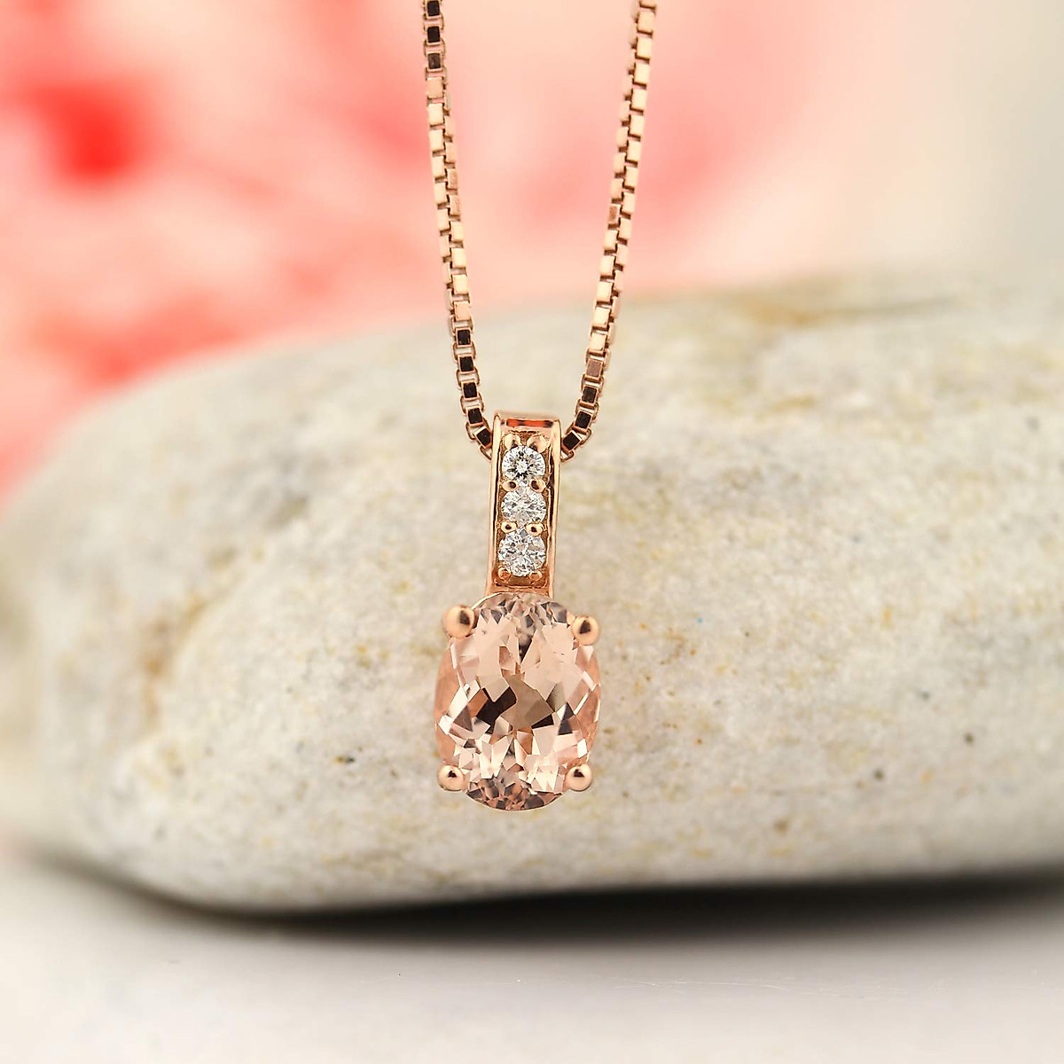 GNG Natural Morganite & Diamond Pendant Necklace In Sterling Silver (Rose Gold Plated) (7x5mm)