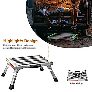 Soctone RV Step, Adjustable Height Folding Platform Step with Non-Slip Rubber Feet, Reflective Strips, Handle and Glow in The Dark Tape, Aluminum Step Stool Can Support Up to 1000lbs