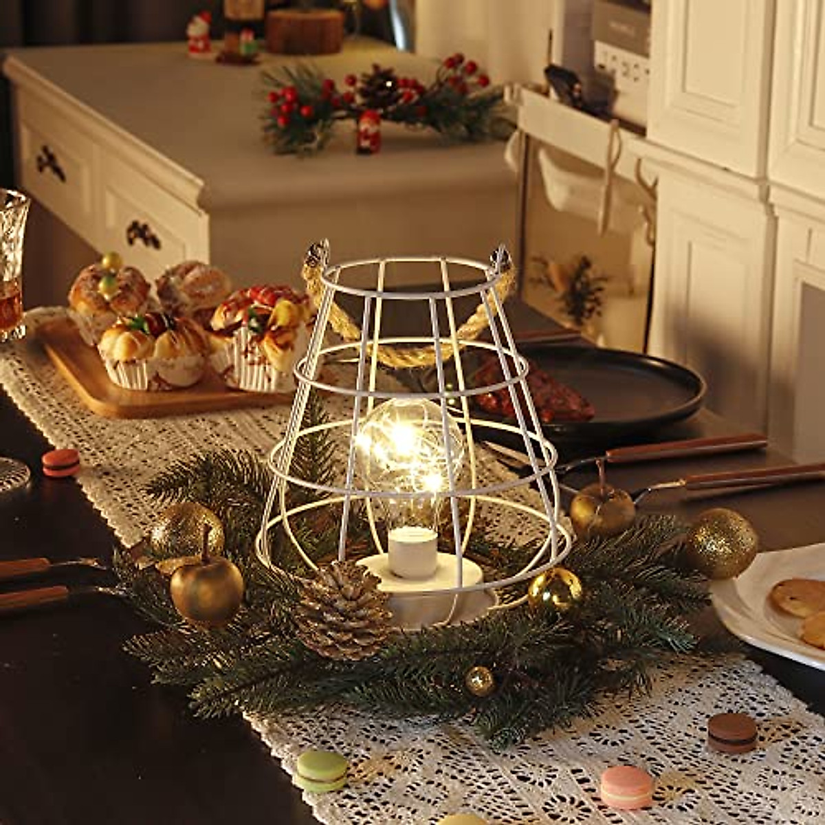 JHY DESIGN Decorative Cage Bulb Lamp Battery Powered Lights 8.5" Tall Cordless Accent Light with Edsion Style Bulb Great for Weddings Parties Patio Events for Indoors Outdoors(White)