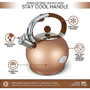 ELITRA HOME Stove Top Whistling Fancy Tea Kettle Stainless Steel Tea Pot with Ergonomic Handle 2.7 Quart / 2.6 Liter (ROSE GOLD)