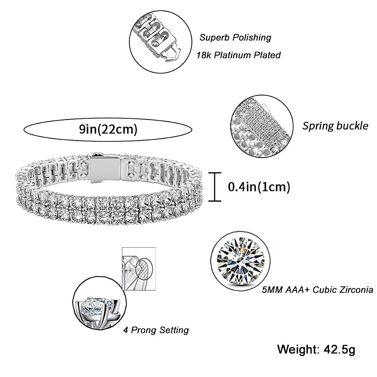 JINAO Diamond Tennis Bracelet for Men Women Silver 2 Row 5mm Round Cubic Zirconia Iced Out Tennis Bling Ankle Bracelet (7'' Silver)