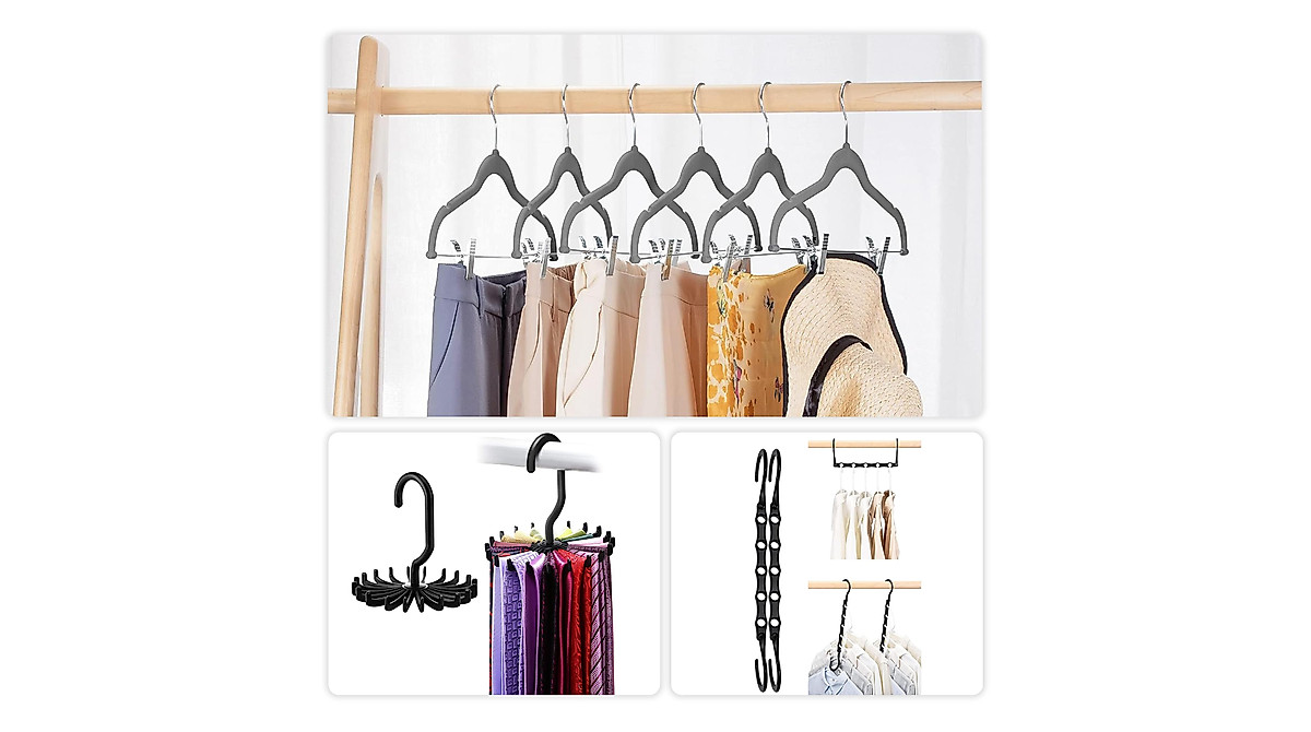 VECELO Velvet Clothes Hangers Set with Clips & Tie Racks - 20 Pack