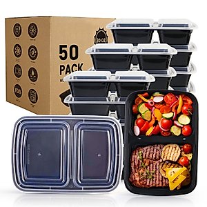 vivigu Meal Prep Containers Reusable 50 Pack - 2 Compartment Plastic Food Containers with Lids, To Go Food Containers BPA-Free, To Go Containers With Lids Microwave, Dishwasher, Freezer Safe 30 oz
