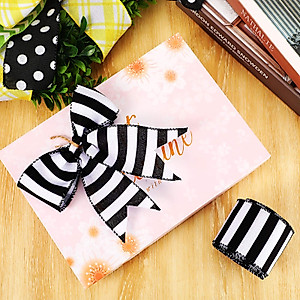 2 Rolls 10 Yards Horizontal Stripe Wired Ribbon Burlap Ribbon for Wreath, Bows Decor (Black)