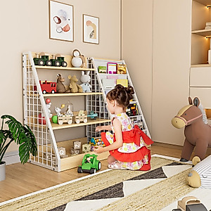 Yeyawomy Kids Book Shelf,4 Tier Wooden Bookshelf,5 Layer Sling Children Bookcase,Toy Organizer Cabinet Chest,Book Display Shelf with Metal Frame, Nursery Playroom Classroom Library (Natural)