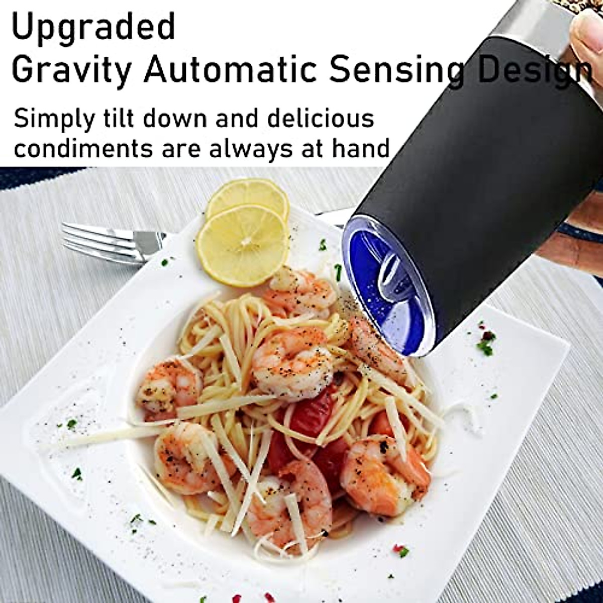 Gravity Electric Salt and Pepper Grinder, SAINSWIN Automatic Pepper Mill Grinder Battery-Operated,Silver Adjustable Coarseness Sea Salt Grinder, LED Light, Utility Brush,One Hand Operated