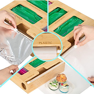 MillTu Ziplock Bag Storage Organizer for Kitchen Drawer, 5 in 1 Bamboo Food Storage Bag Organizer with Plastic Wrap Organizer, Compatible with Gallon, Quart, Sandwich, Snack Bag ＆ Kitchen Rolls