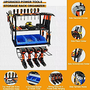 Power Tool Organizer Wall Mount, Power Tool Storage Rack Drills Holder Heavy Duty, 4 Layer Metal Shelf Utility Tools Rack with Pliers Hammers Screwdrivers Holder, Rack for Garage Home Workshop