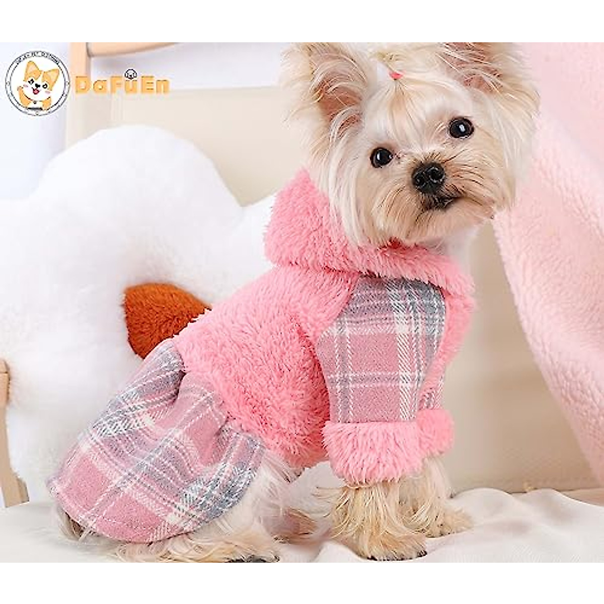 Dog Hoodie Dress Winter Dog Sweaters for Small Dogs Girl Cold Weather Warm Puppy Dresses Pink Plaid Pet Clothes Outfits for Chihuahua Yorkie Teacup Cat Skirt Coat Apparel Clothing (Small, Pink)