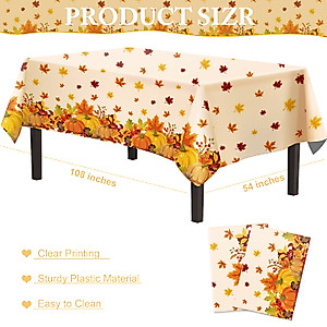 CAKKA Thanksgiving Tablecloth Plastic 54x108 Inch, 2 Pack Disposable Fall Pumpkin Table Cover, Orange Maple Leaf Rectangle Autumn Table Cloth for Fall Thanksgiving Day Table Decor Decoration