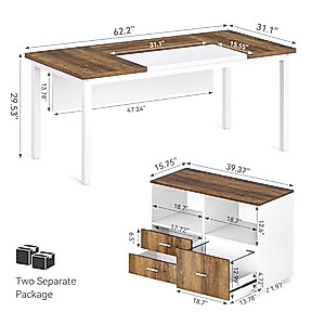 LITTLE TREE 63-inch L-Shaped Executive Computer Desk and File Cabinet, Office Desk with Drawers Filing Cabinet,Credenza Desk Set for Home Office