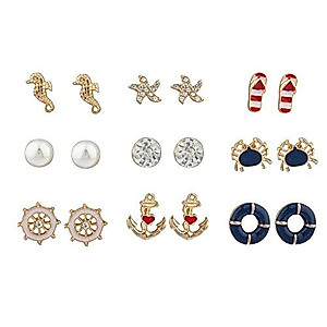 Lux Accessories Gold Tone Crystal Pearl Red White Blue Nautical Earring Set