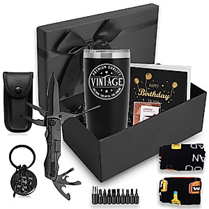 Vlipoeasn Men Gifts Box Birthday Gifts for Dad, Father, Men, Husband |Black and Gold Gift Set with 20 OZ Tumbler Cup, Knife, Coffee Soap, Birthday Card, Socks