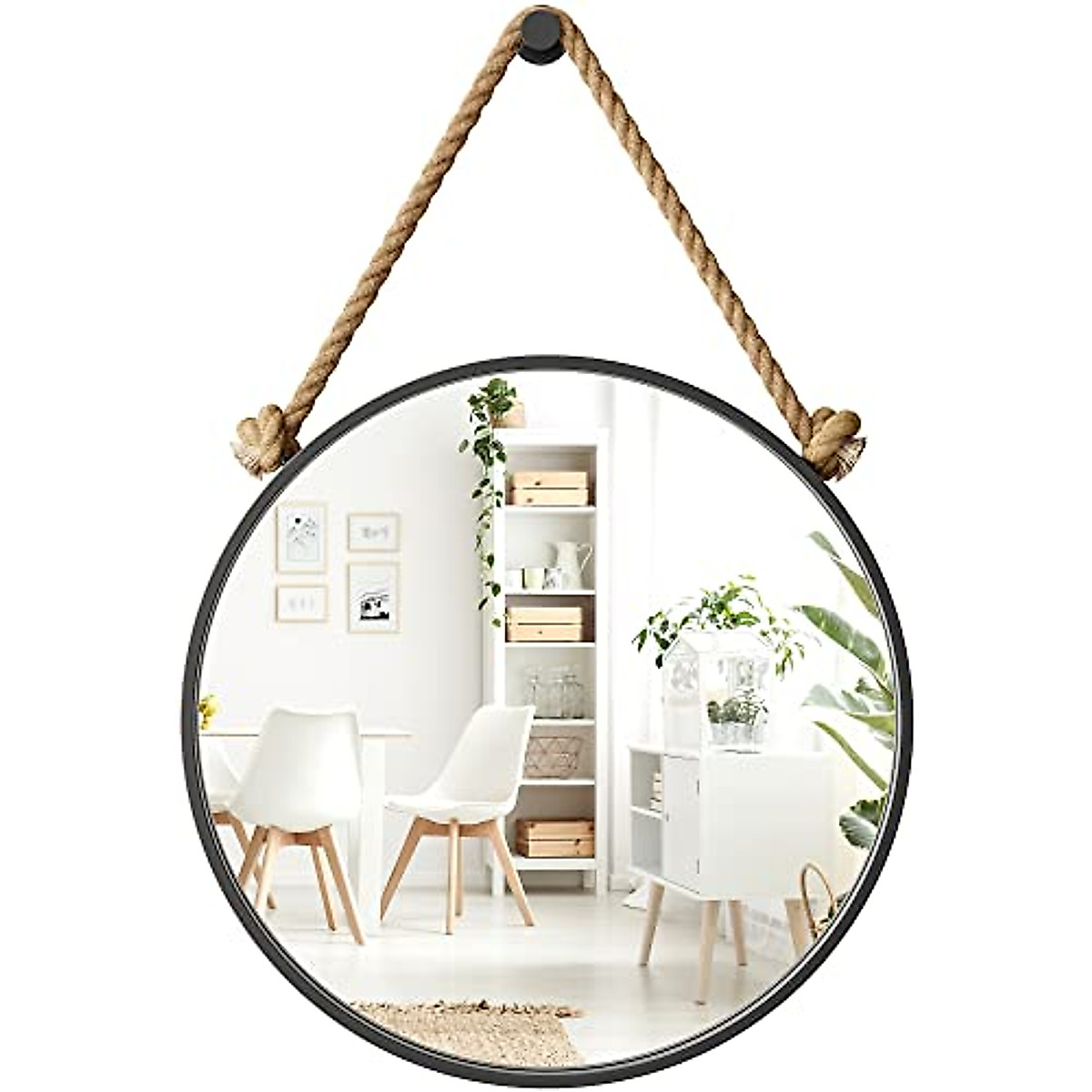 Barnyard Designs 26" Coastal Round Mirror with Hanging Rope - Mount Included - Nautical Rope Mirror for Bathroom Wall, Living Room or Entry Space - Coastal Home Decor, Beach House Wall Decor
