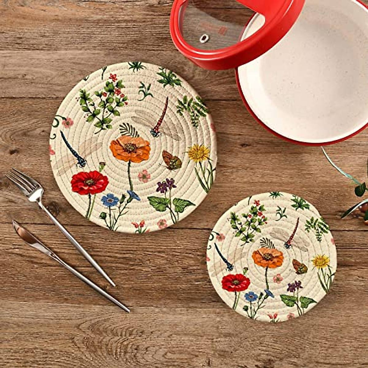 Decorative Trivets Set for Hot Pots Dishes Heat Resistant, Dragonfly Floral Pans Hot Mats Pads for Kitchen Counter Tops Dining Washable Pot Holder Coasters