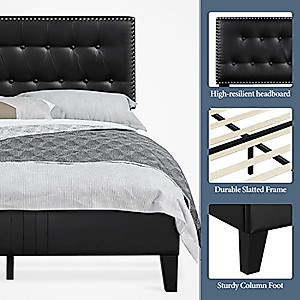 Yaheetech Full Bed Frame Faux Leather Upholstered Platform Bed with Height-Adjustable Headboard, Button Tufting & Nailhead Trim/Noise-Free/Wood Slats Support/No Box Spring Needed, Black Full Bed