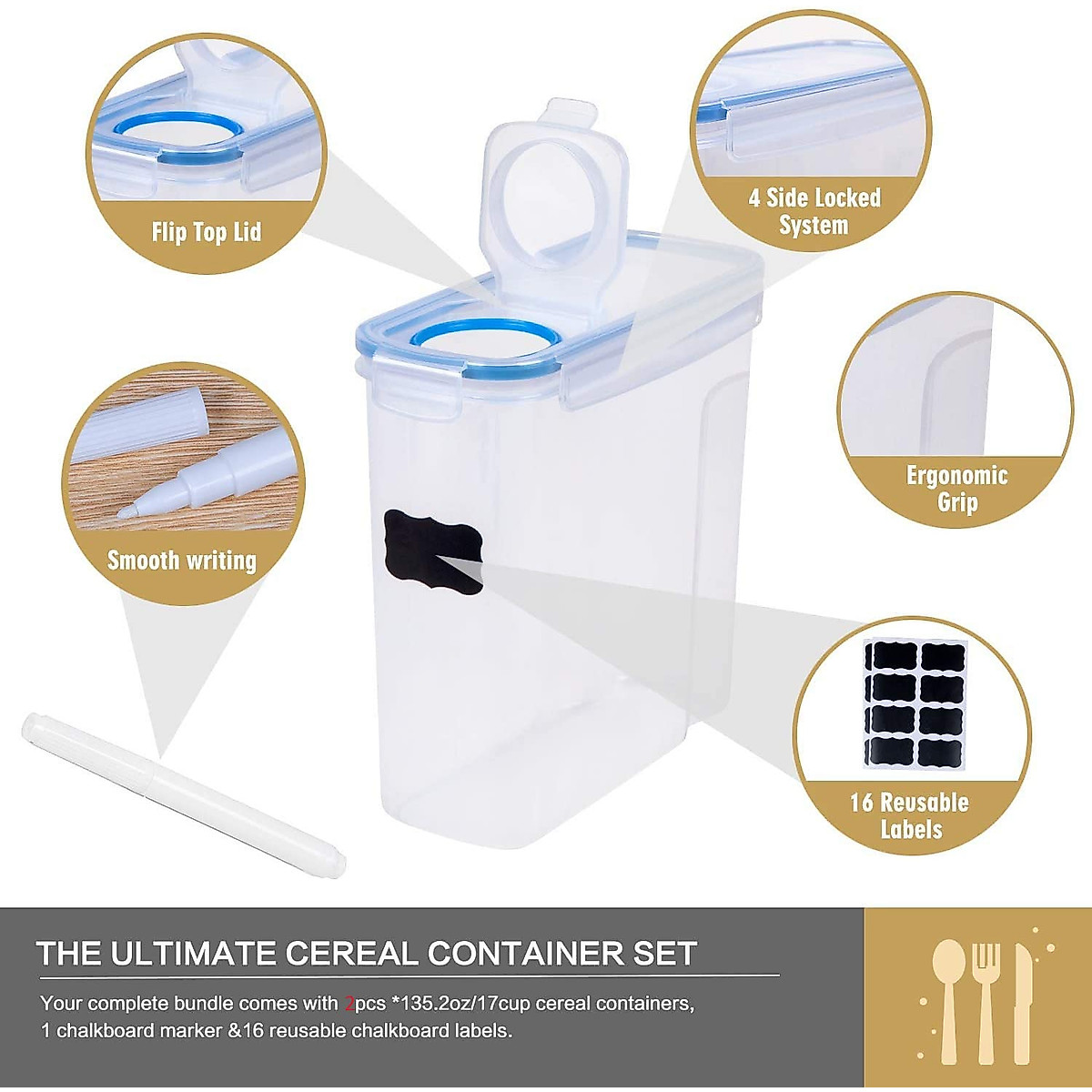 Cereal containers for Storage 2 x 4 Litre Dishwasher Safe Storage for Cereals, Pasta, Rice, Dry Foods, pet Food, Coffee, Flour | Easy Grip Handle | Easy Open Pour lid | Removable lid (Blue&Pink)