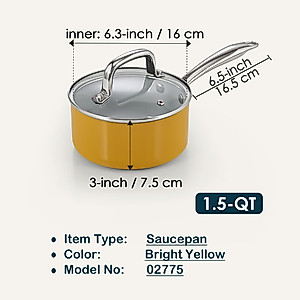 Cook N Home Nonstick Sauce Pan with Glass Lid, 1.5-Quart Small Saucepan Hard Anodized Non Stick Ceramic Cookware, Induction Cooking Pots and Pans with Stay-Cool Handles, Cacerola, Yellow