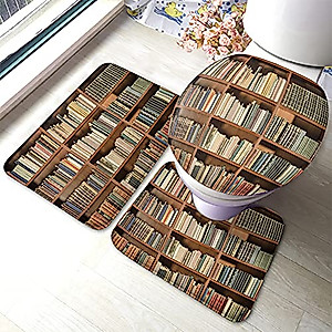 WONDERTIFY Library Bathroom Antiskid Pad Old Book Collection Brown Shelf 3 Pieces Bathroom Rugs Set, Bath Mat+Contour+Toilet Lid Cover Multicolor