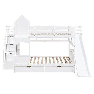 BIADNBZ Full Bunk Bed with Storage Stairs and Slide, 2 Drawers&3 Shelves, Multifunctional Wooden Low Bunkbed Frame, for Kids Teens Boys Girls Bedroom, White