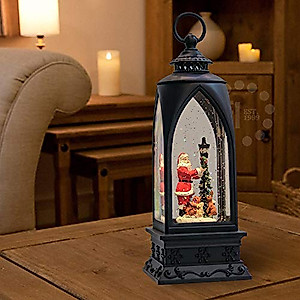 Eldnacele 12” Christmas Snow Globe Lantern Snowman with Music & Timer, USB Lined/Battery Operated Lighted Water Glittering Lantern for Christmas Festival Decoration Gifts – Santa
