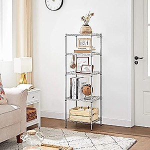 SONGMICS 5-Tier Storage Shelves, Wire Shelving Unit, Kitchen Metal Shelves, Storage Rack with Adjustable Shelves, Shelf Liners, 8 Hooks, for Garage, 11.8 x 15.7 x 47.6 Inches, Silver ULGR115E01