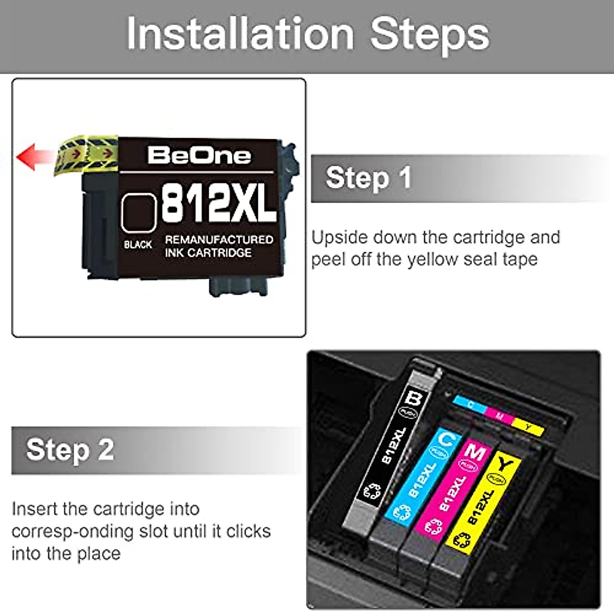 BeOne 812XL Ink Cartridge Remanufactured Replacement for Epson 812 XL 812XL T812 T812XL 2-Pack to Use with Workforce Pro WF-7820 WF-7840 EC-C7000 Printer (2 Black)