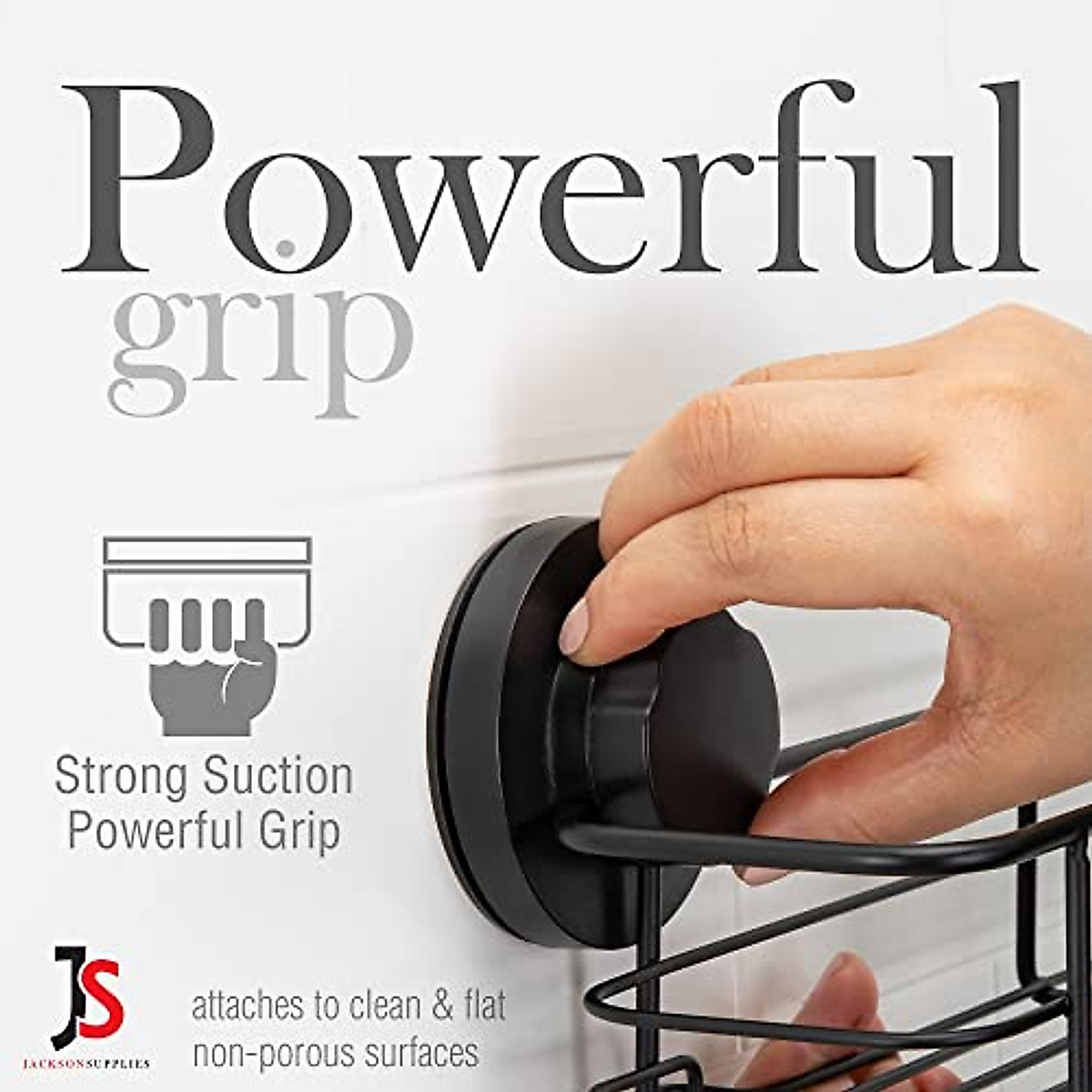 JS Jackson Supplies Set of Matte Black Suction Cup Rectangular Shower Shelves, (2) Caddies and (2) Suction Cup Shower Hooks