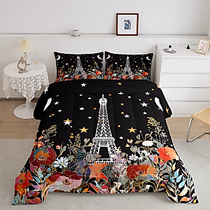 Feelyou Eiffel Tower Bedding Set Paris Comforter Boho Sun Moon Floral Comforter Set for Kids Adults Groovy Floral Duvet Set Soft Valentines Room Decor Queen Size Quilt Boys