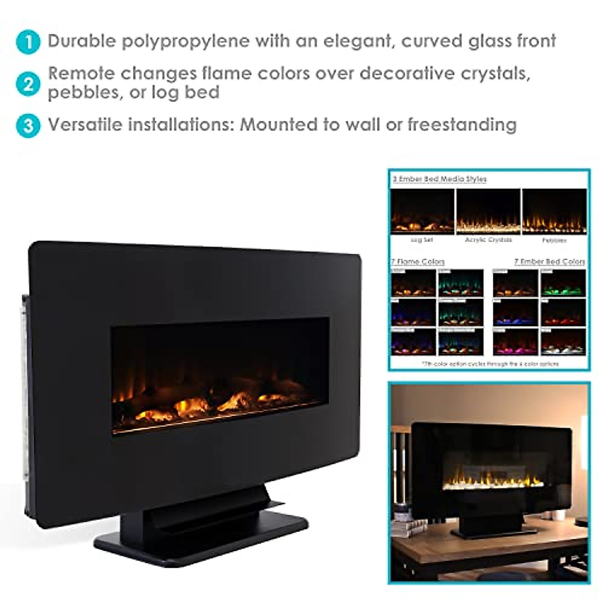 Sunnydaze 35.75-Inch Curved Face Indoor LED Electric Fireplace - Floating/Tabletop- 7 Flame Colors - Black Finish