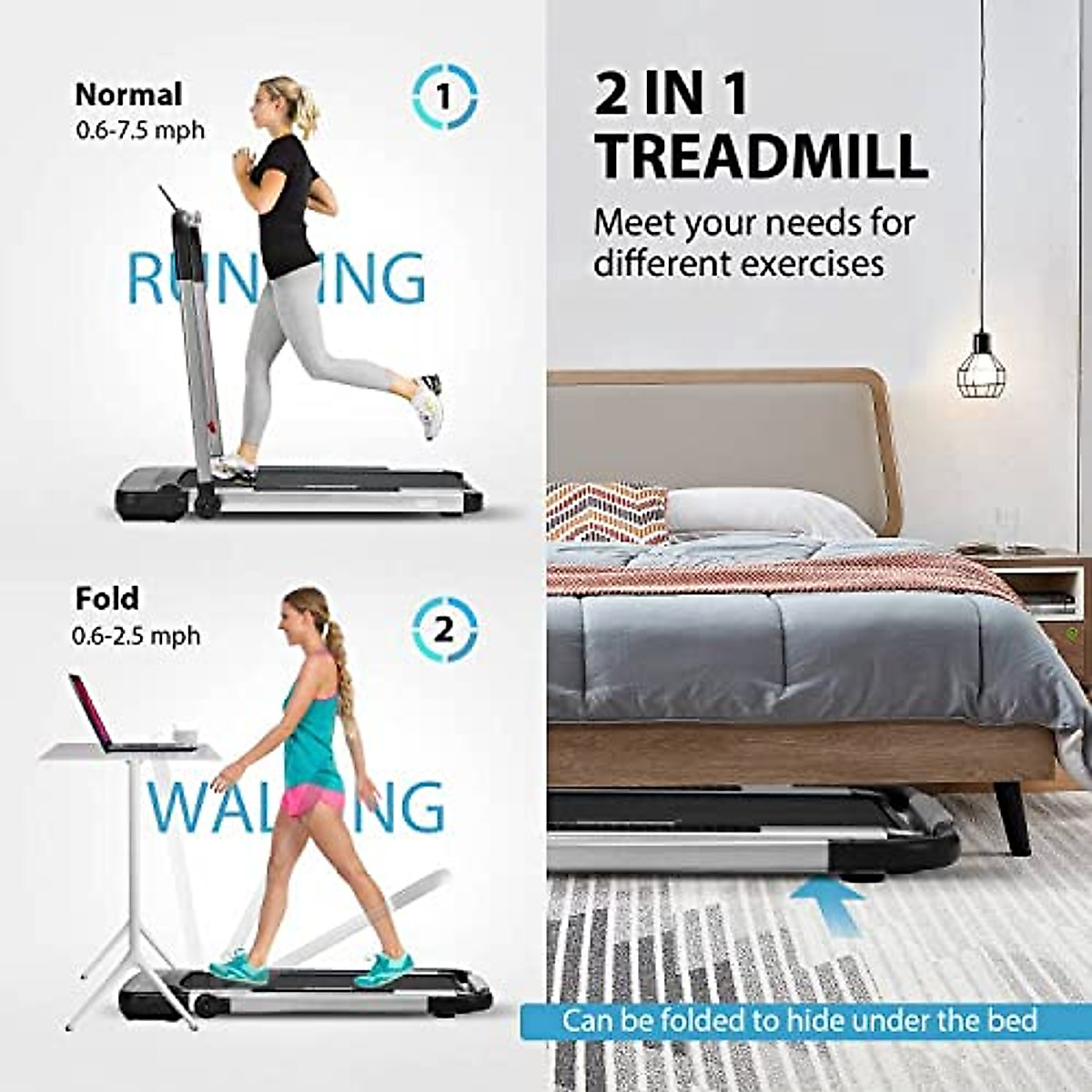 VIVOHOME 2 in 1 Under Desk Electric Folding Treadmill 2.25HP with APP, Watch Remote Control, LED Display and 12 Preset Programs Portable Workout Running Jogging Walking Machine for Home Office