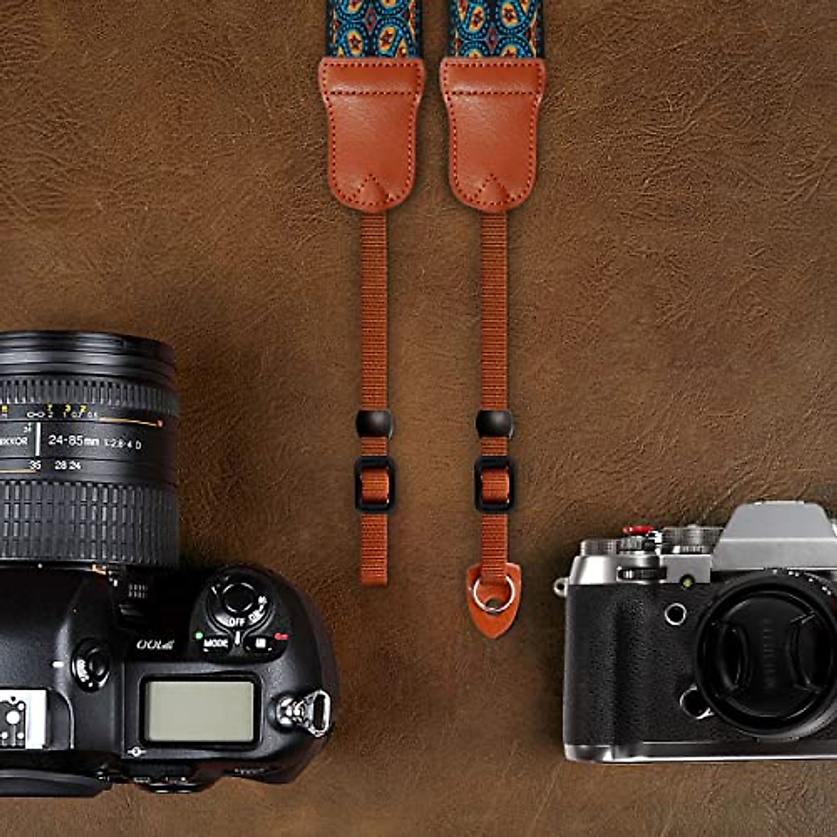 Mystic Blue Camera Strap - Double Layer Cowhide Ends,2" Pure Cotton Embroidered Woven Camera Strap,Universal Neck & Shoulder Strap Adjustable for All DSLR / SLR Cameras,Gift for Photographers