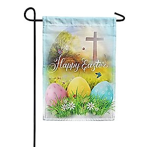 America Forever Happy Easter Garden Flag 12.5 x 18 Inch Religious Cross Holiday Spring Seasonal Yard Outdoor Decorative Double Sided Easter Eggs Garden Flag