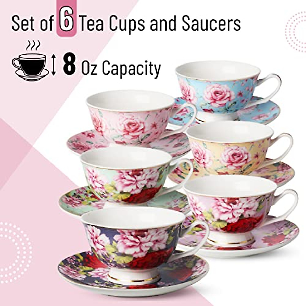 BTaT- Tea Cups, Tea Cups and Saucers Set of 6, Tea Set, Floral Tea Cups (8oz), Tea Cups and Saucers Set, Tea Set, Porcelain Tea Cups, Tea Cups for Tea Party, Rose Teacups, China Tea Cups (Bone China)