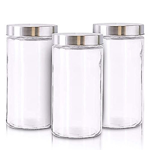 Glass Jars for Kitchen – Set of 3 Large Food Storage Containers – 60Oz Storage Jars with Metallic Lids – Multipurpose Glass Containers for Snacks, Coffee, Pet Treats – Screw-On Lid