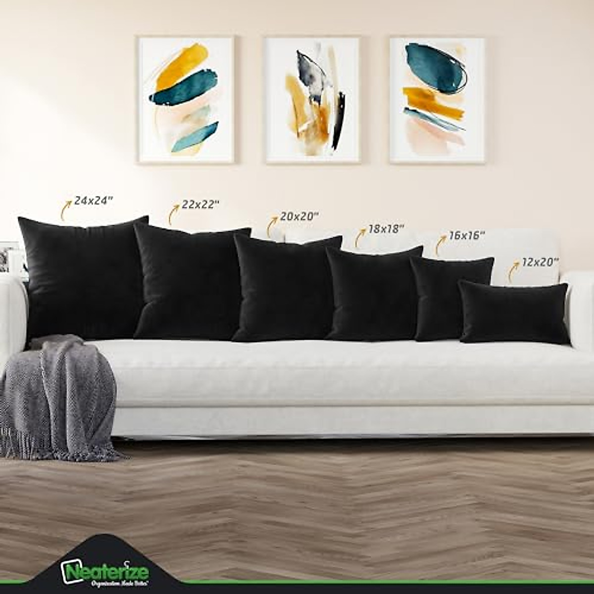 NEATERIZE Premium Velvet Pillow Covers 18x18 Black - Washable Decorative Fabric Throw Pillow Covers for Couch or Bed - Set of 2