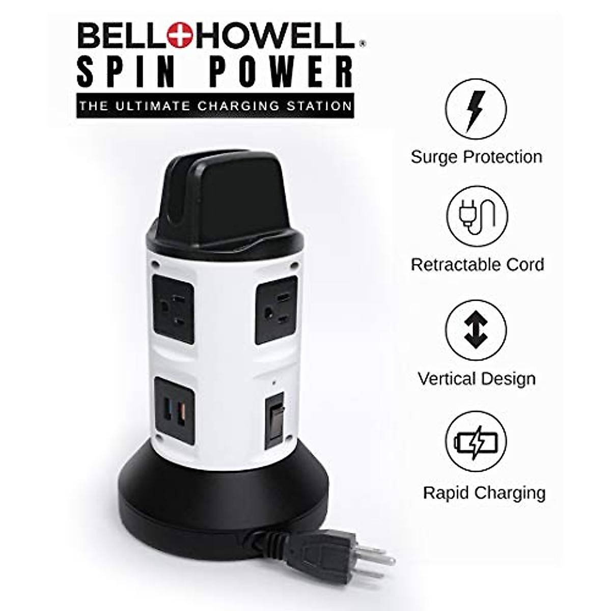Bell+Howell Spin Power Strip Tower Surge Protector S/4-4 Outlets, 6 USB Ports, 40" Retractable Cord, 360° Rotation | Electric Charging Station with Built-in Phone Tablet Holder | USB Outlet Extender