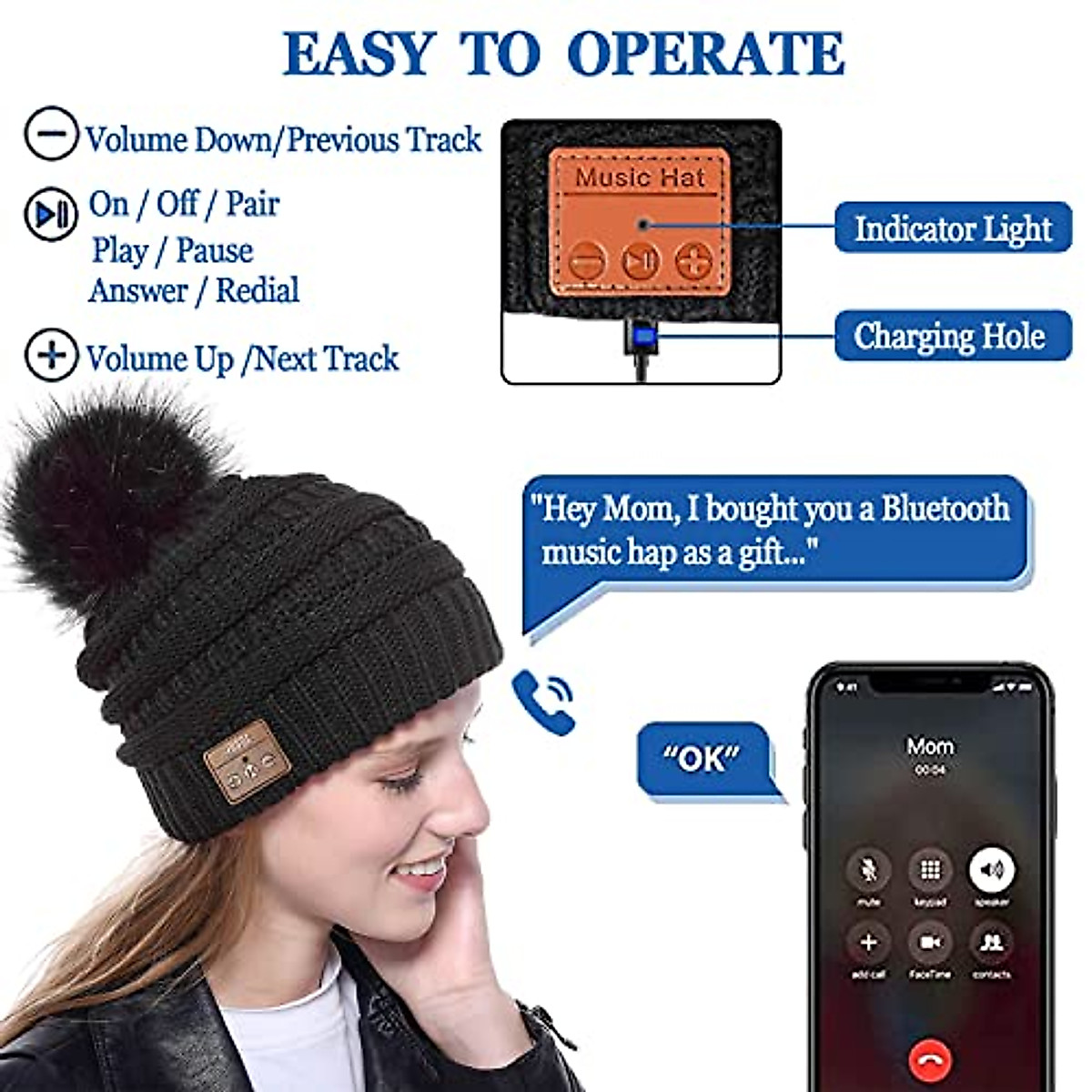 ChenFec Bluetooth V5.0 Beanie Hat for Women & Men, 5Hrs Music, Washable, Unisex, Winter Outdoor Sports Essentials, Black