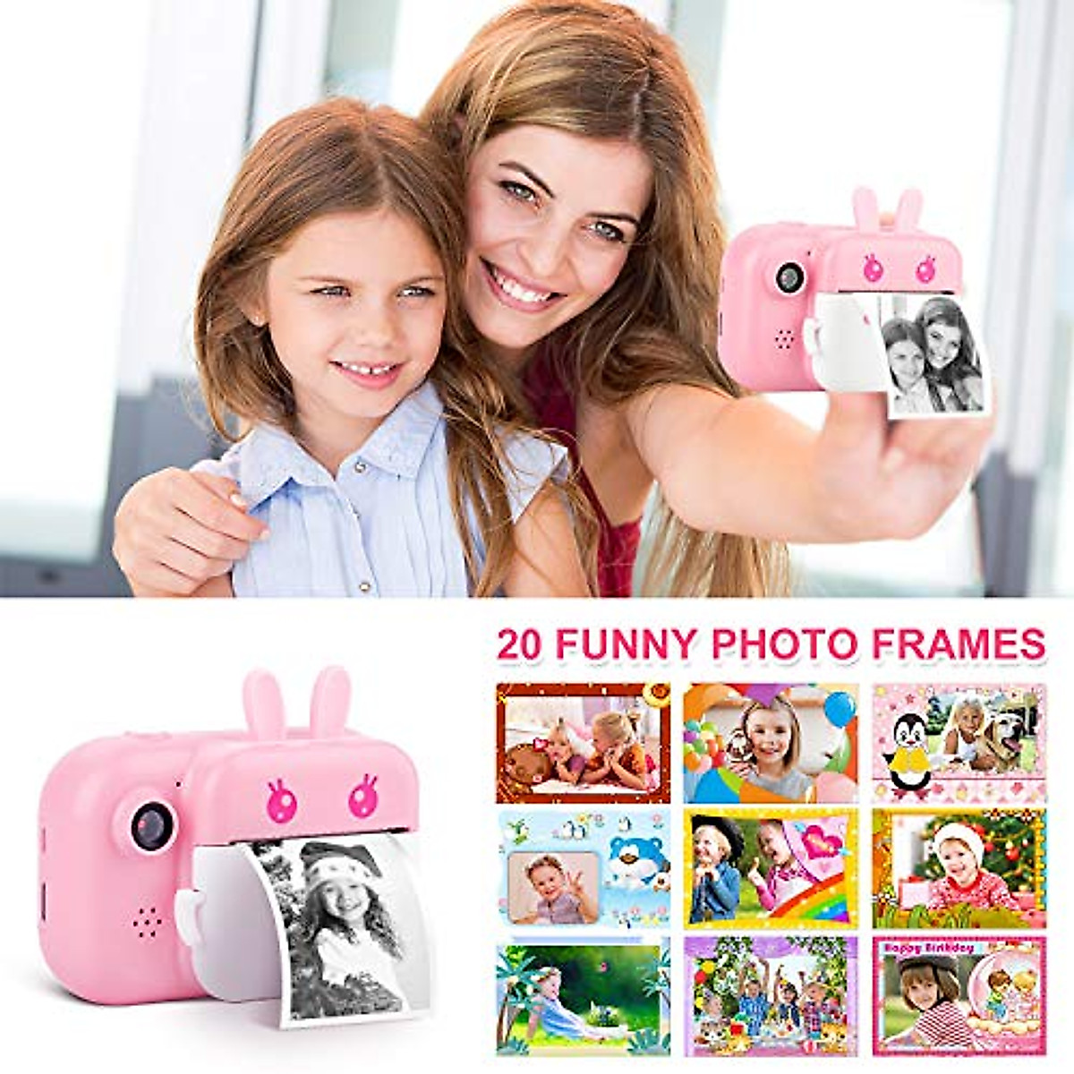 MINIBEAR Instant Camera for Kids Digital Camera for Girls Toddler Camera with Print Paper, 40MP Kids Video Camera Child Selfie Camera Toy Camera Kids Camcorder 2.4 Inch Screen and 32GB TF Card (Pink)