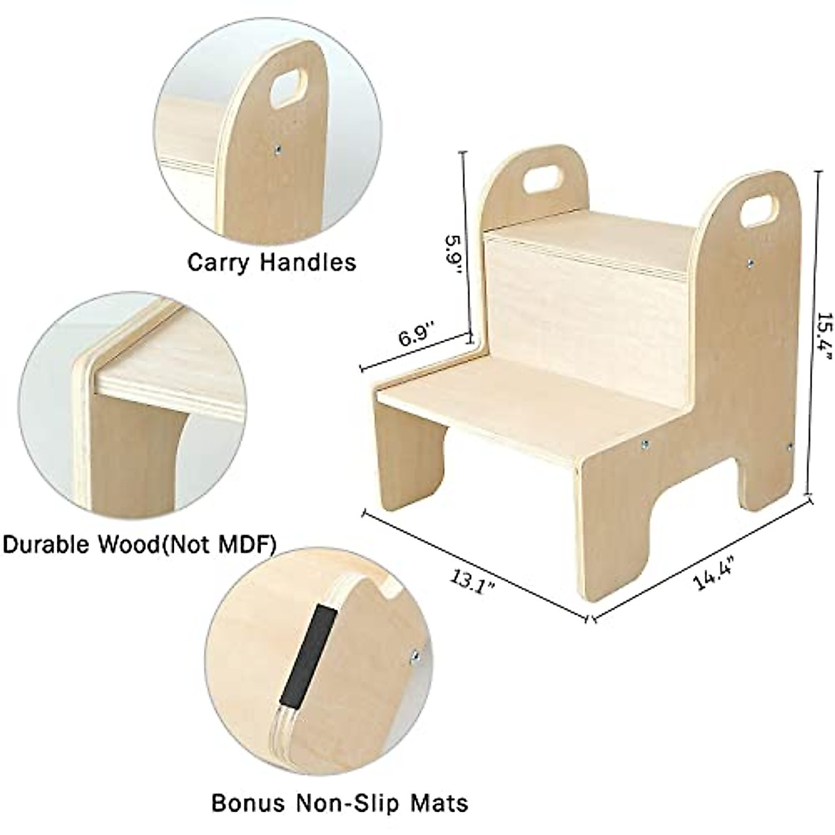 GEMEM Wooden Toddler Step Stool for Kids, Two Step Wooden Toddler Step Stool with Handles and Bonus Non-Slip Pads, Safety Children's Stool Use for Kitchen, Bathroom & Potty Training Dual Height