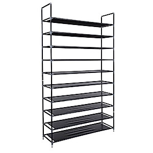 KAAYEE 10 Tiers Shoe Rack Storage Organizer Shelves 50 Pairs Stackable Shoes Racks (39.37 x 11 x 70.87) Non-Woven Fabrics & Steel with Handle (Black)
