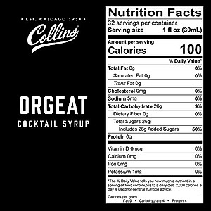 Collins Orgeat Syrup, Orgeat Simple Syrup, Real Sugar Cocktail Syrups, Soda Water Flavors, Cocktail Mixers, 32 Ounces, Set of 1